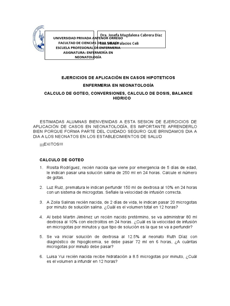 Cálculos y ejercicios prácticos sobre gotas por minuto, conversión de soluciones, dosis de ...