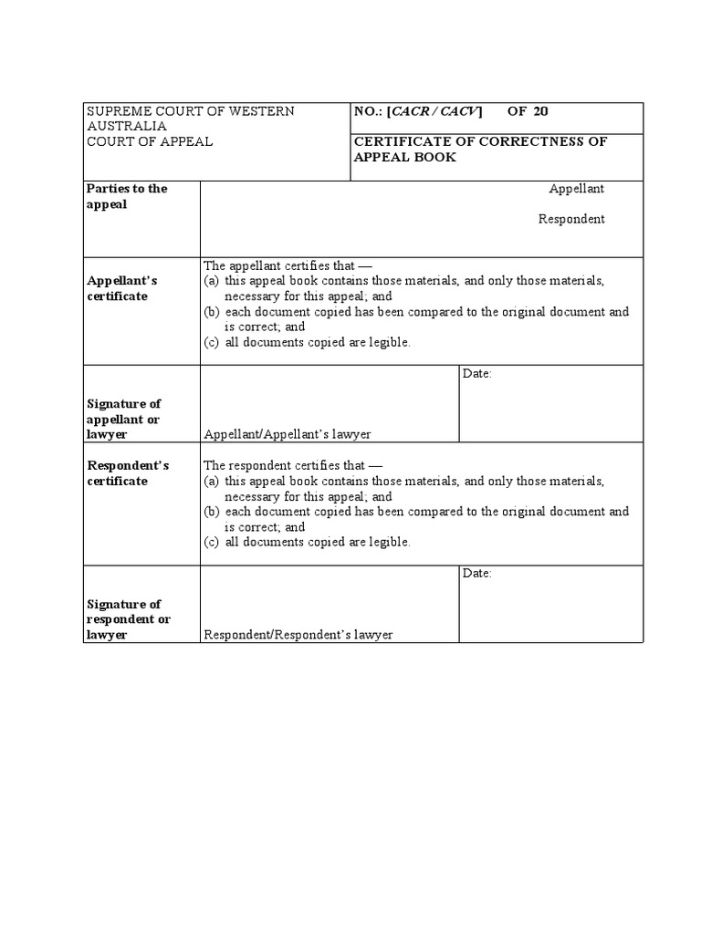 CoA Form 14A - Certificate of Correctness of Appeal Book | PDF