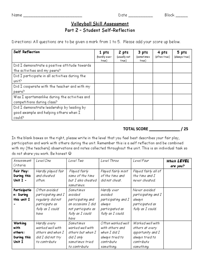 Volleyball Skill Assessment Part 2 - Student Self-Reflection | PDF ...