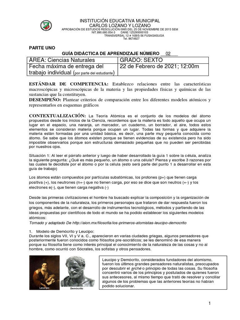 Guia 02 Ciencias Naturales Grado 6 | PDF | Átomos | Electrón