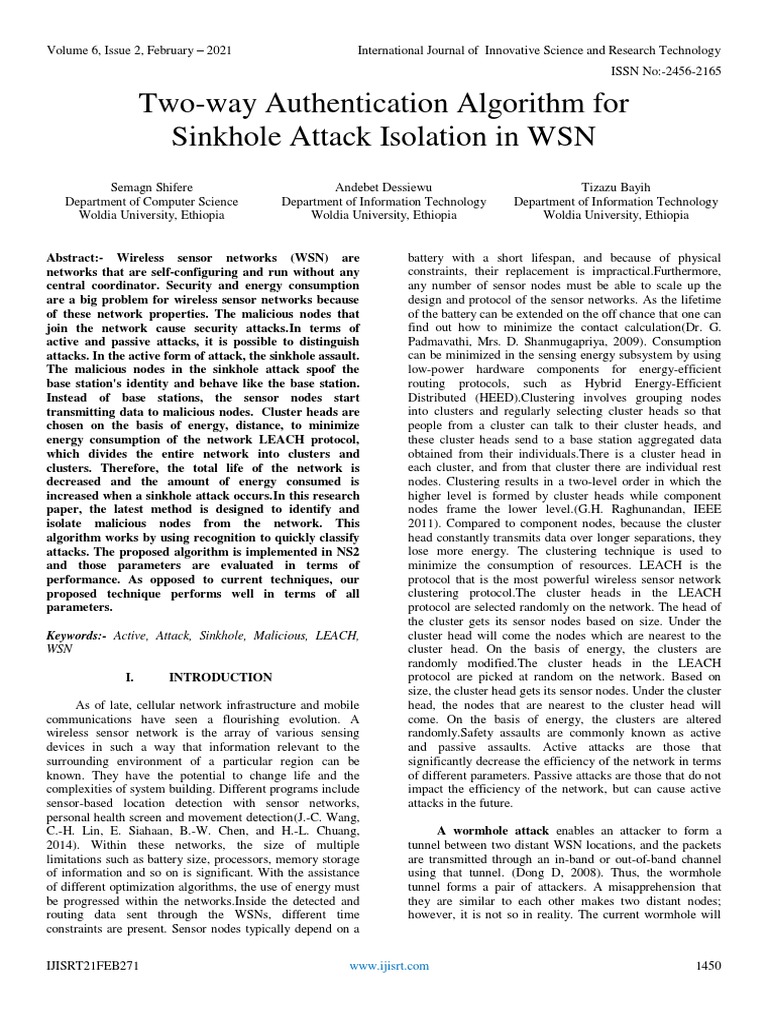 Two Way Authentication Algorithm For Sinkhole Attack Isolation In Wsn Pdf Wireless Sensor