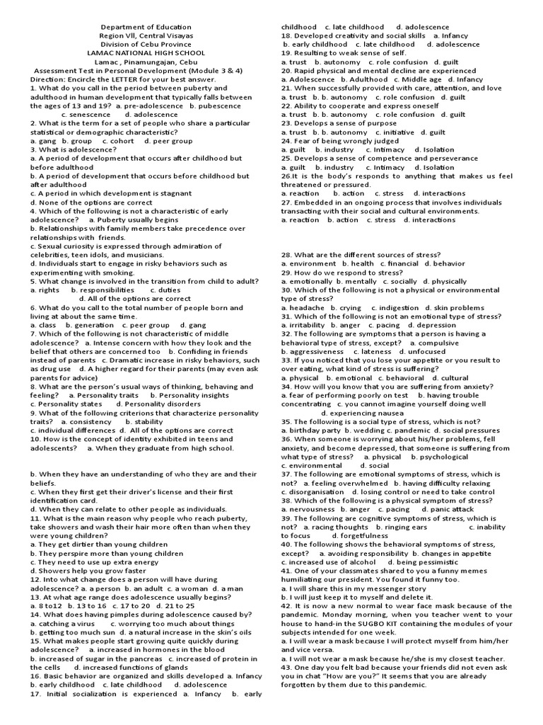 Assessment in PerDev Modules 3 and 4 | PDF | Anxiety | Adolescence