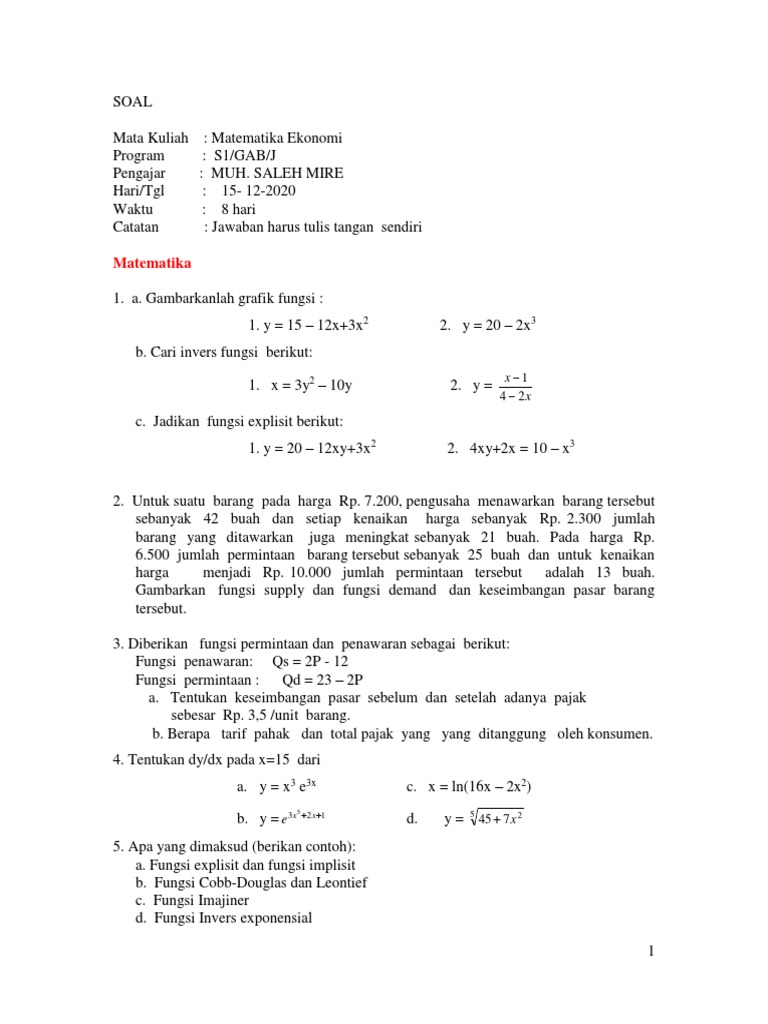 Soal Matematika Ekonomi S1 | PDF | Metode & Bahan Ajar | Seni