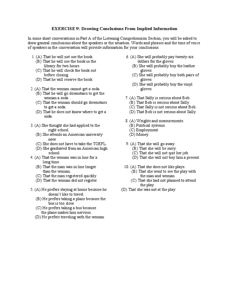 EXERCISE 9: Drawing Conclusions From Implied Information | PDF | Human ...