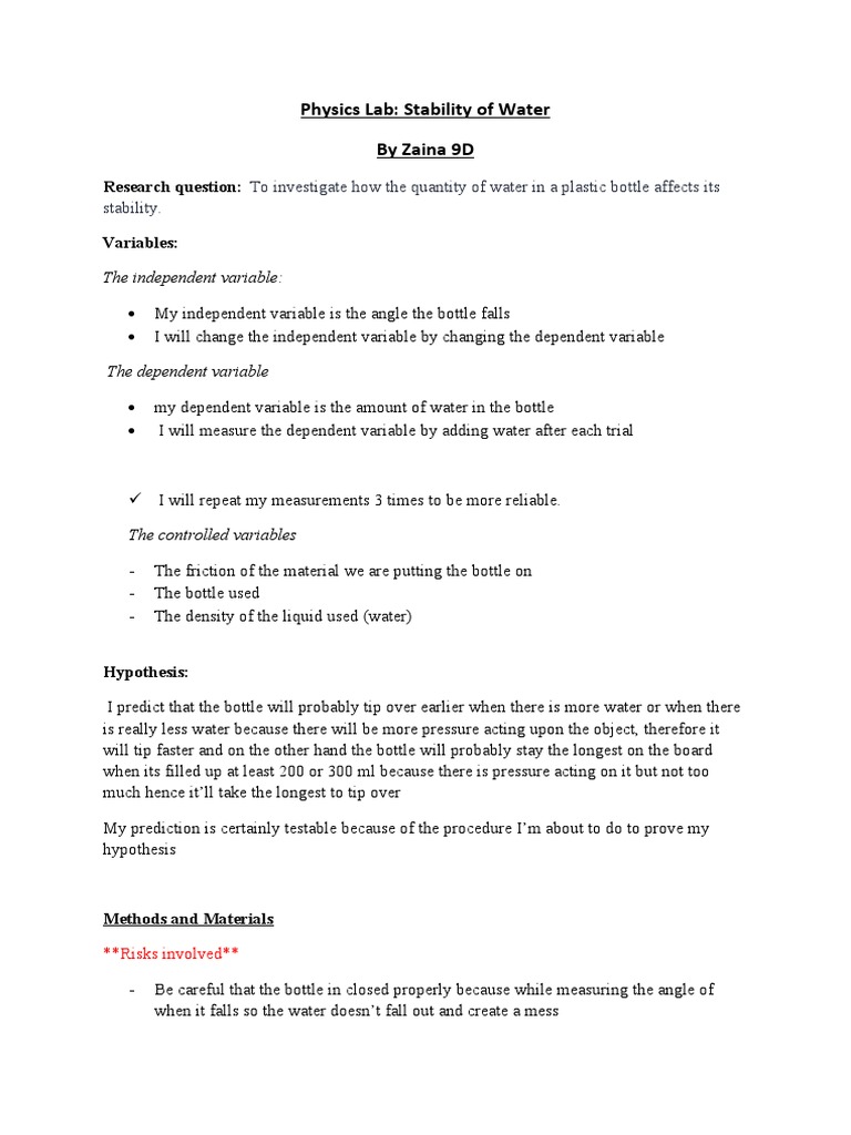 Physics Lab Stability of Water | PDF | Hypothesis | Litre