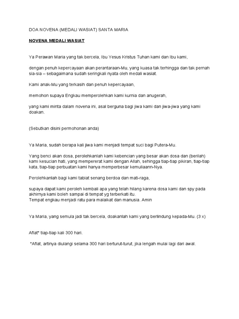 Novena Medali Wasiat Santa Maria | PDF