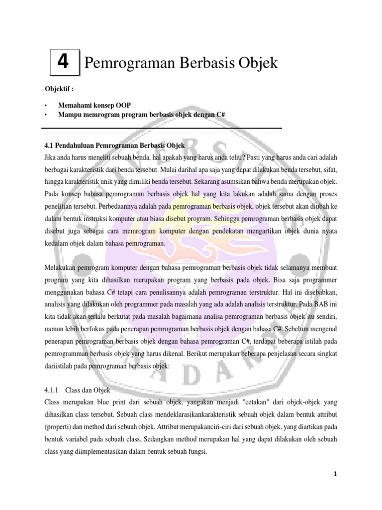 Pemahaman Konsep Dasar Pemrograman Berbasis Objek dengan Bahasa C# | PDF