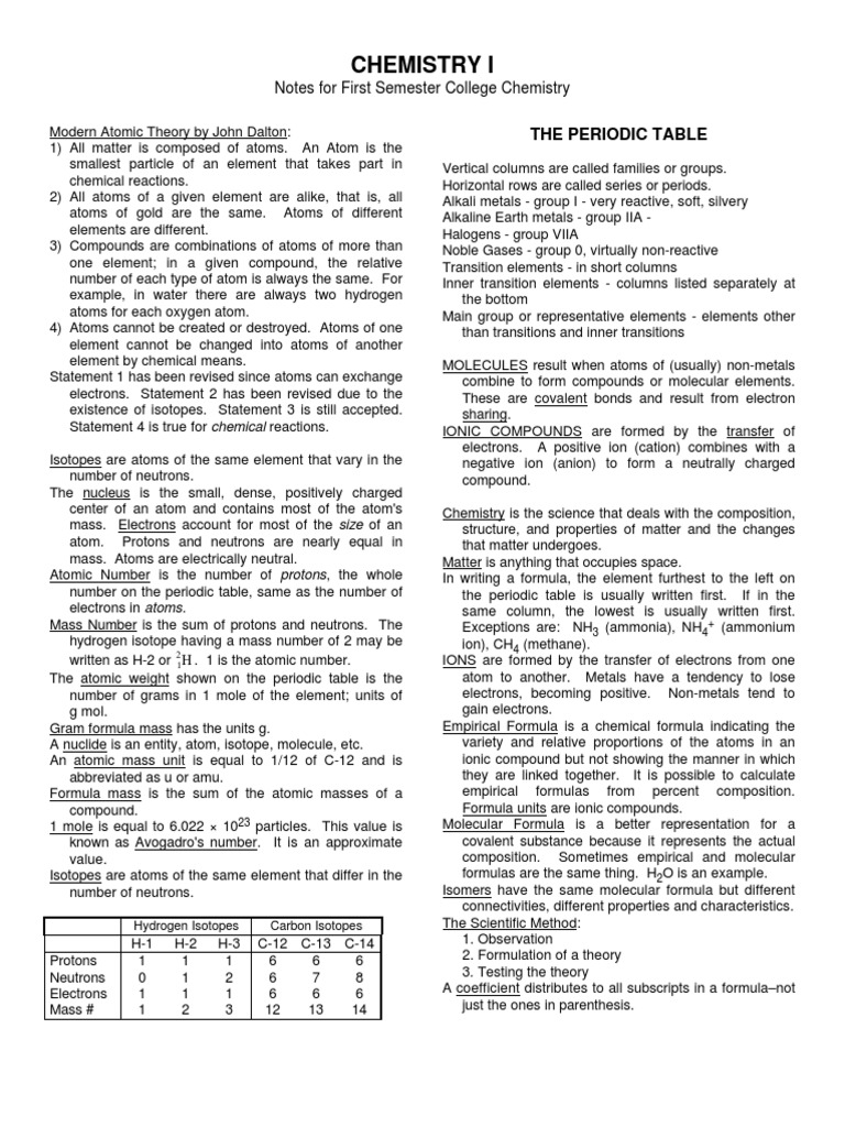 Chemistry I: Notes For First Semester College Chemistry | PDF | Gases ...