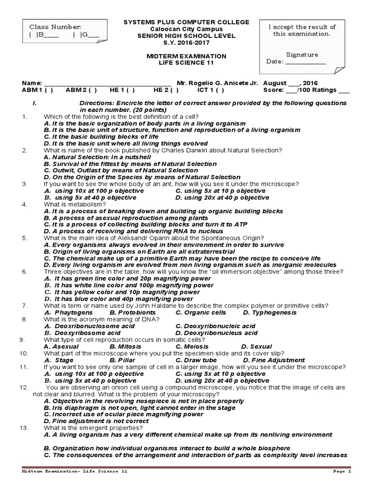 Class Number: B - G - : Midterm Examination-Life Science 11 | PDF ...