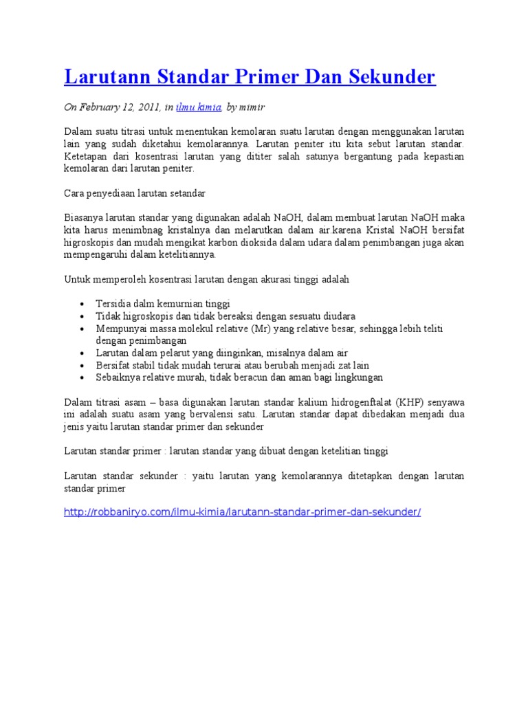 Larutan Standar Primer dan Sekunder | PDF