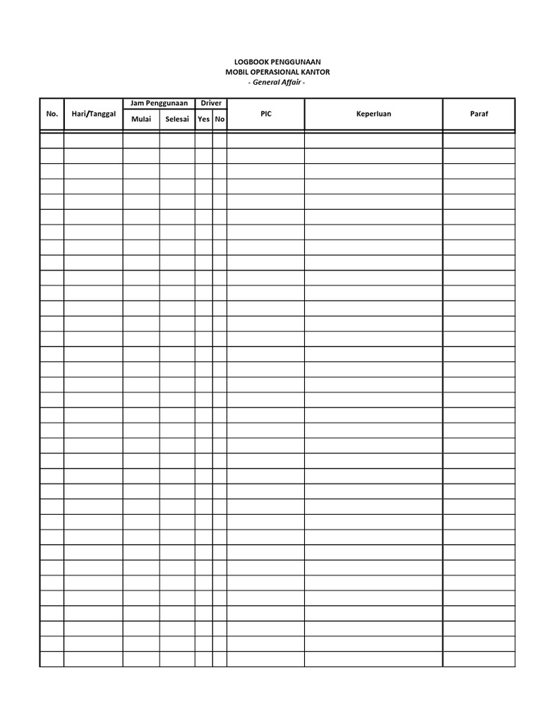 Logbook Penggunaan Mobil Operasional | PDF