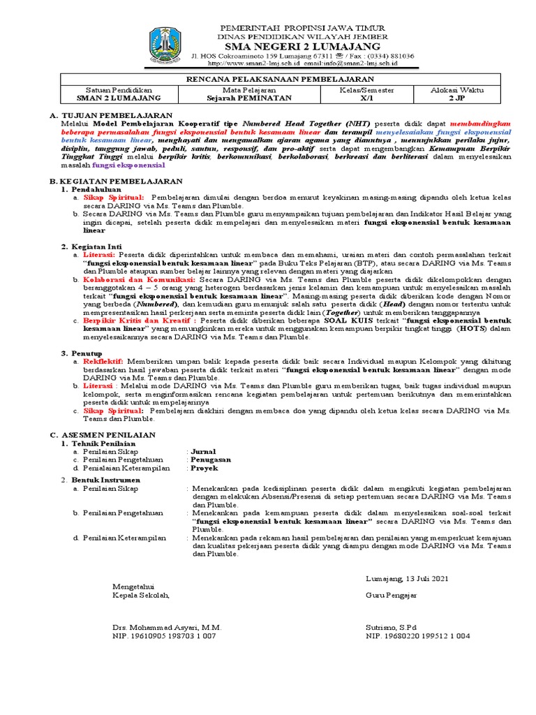 Template RPP 1 Lembar - Model Pembelajaran Kooperatif Tipe Numbered Head Together (NHT) | PDF ...