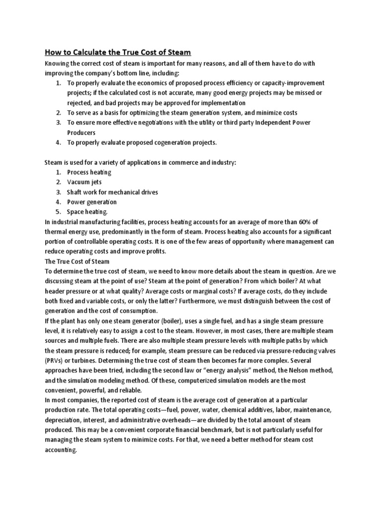 How To Calculate The True Cost Of Steam Pdf Boiler Steam