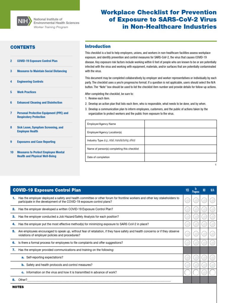 Workplace Checklist For Prevention of Exposure To Sars-Cov-2 Virus in ...