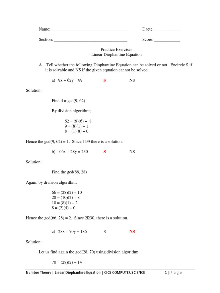 Number Theory Linear Diophantine Equation Cics Computer Science 1 Pdf Equations Number