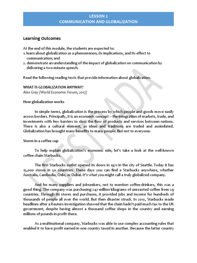 Learning Outcomes: Lesson 2 Communication and Globalization | PDF ...
