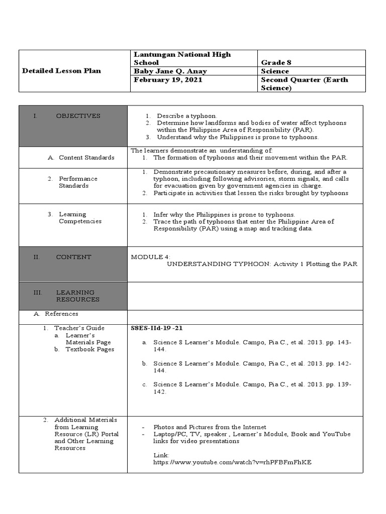 Grade 8 Science Lesson on Typhoons | PDF