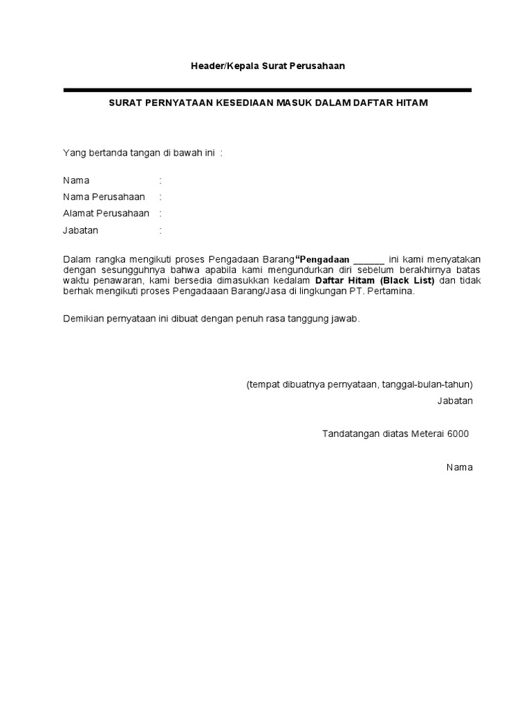 Template Surat Pernyataan Daftar Hitam | PDF
