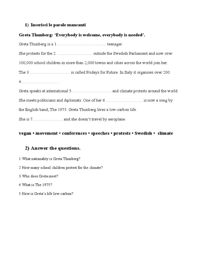 Greta Thunberg Reading Comprehension Exercises 124007 | PDF