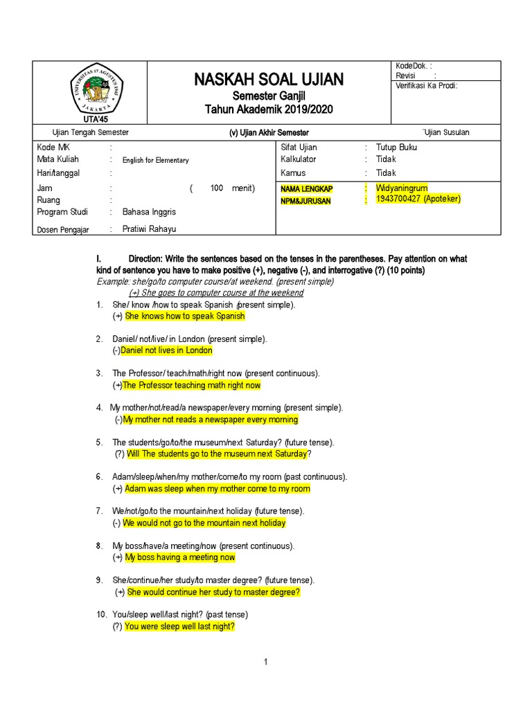 Naskah Soal Ujian: Semester Ganjil Tahun Akademik 2019/2020 | PDF ...