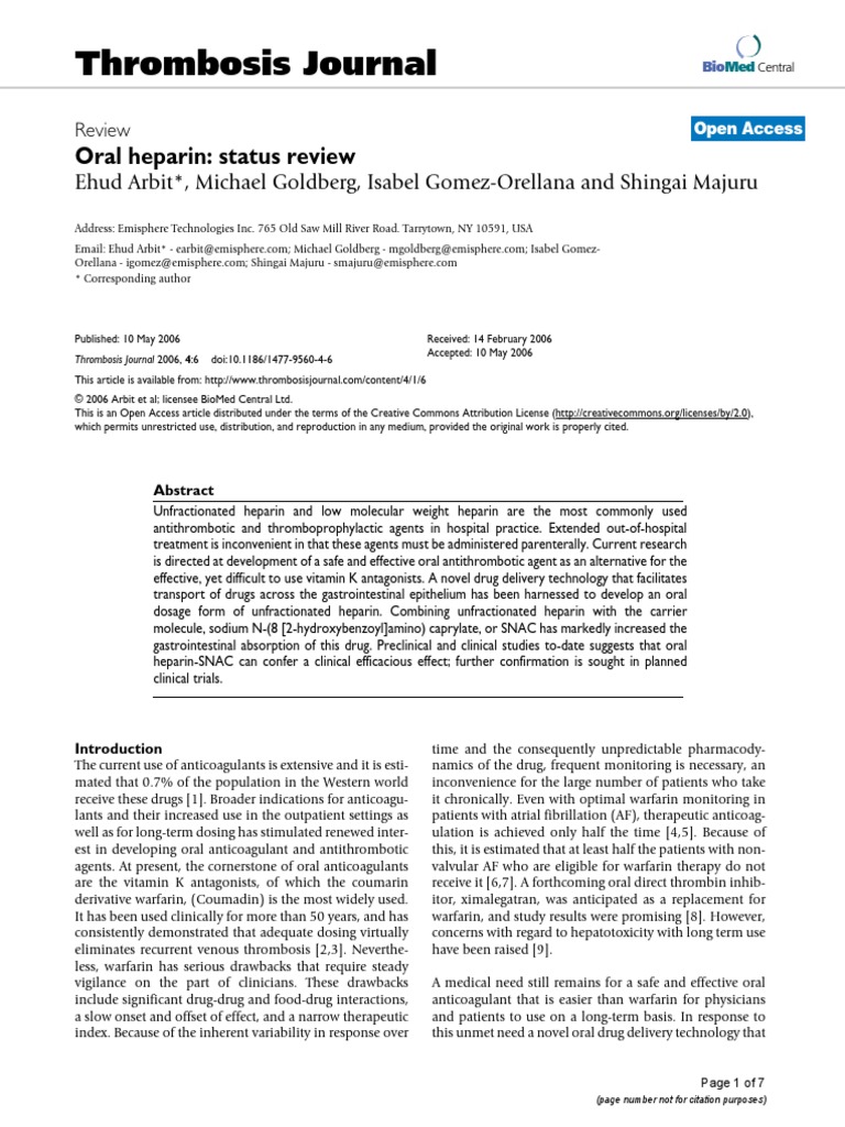 Thrombosis Journal: Oral Heparin: Status Review | PDF | Clinical ...