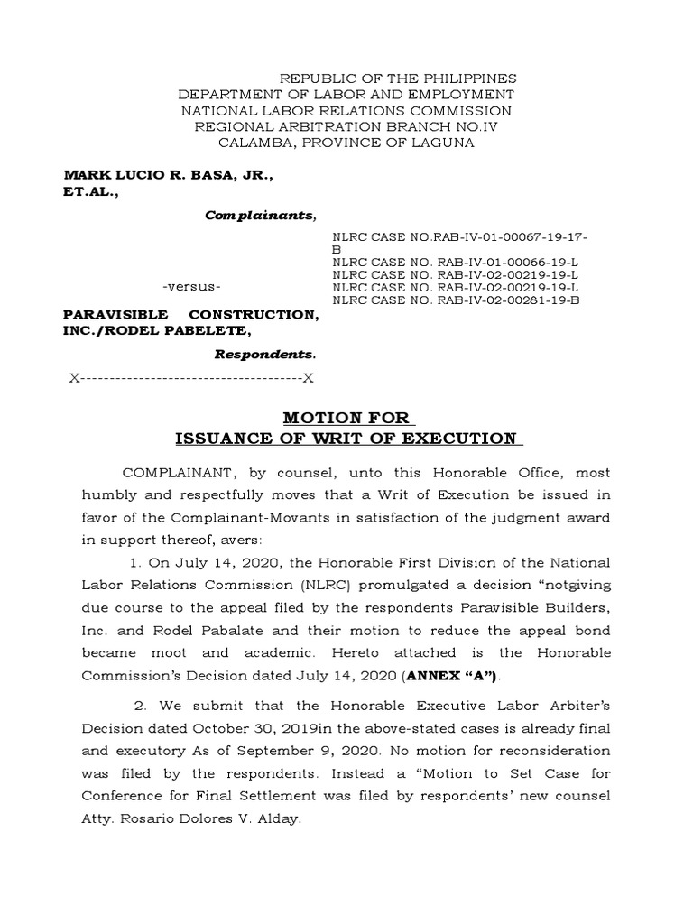 Paravasible - Motion For ISsuance of Writ of Execution | PDF | Dispute Resolution | Arbitration