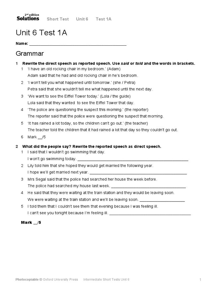 Unit 6 Test 1A: Grammar | PDF