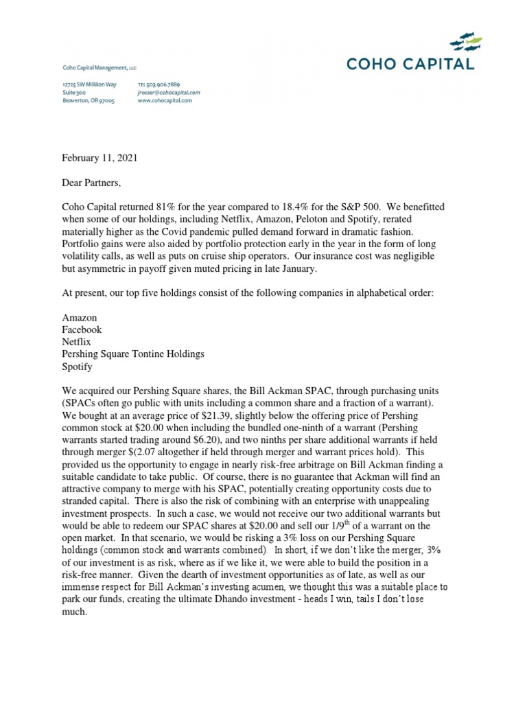 Coho Capital 2020 Q4 Letter | PDF | Optimism | Investing