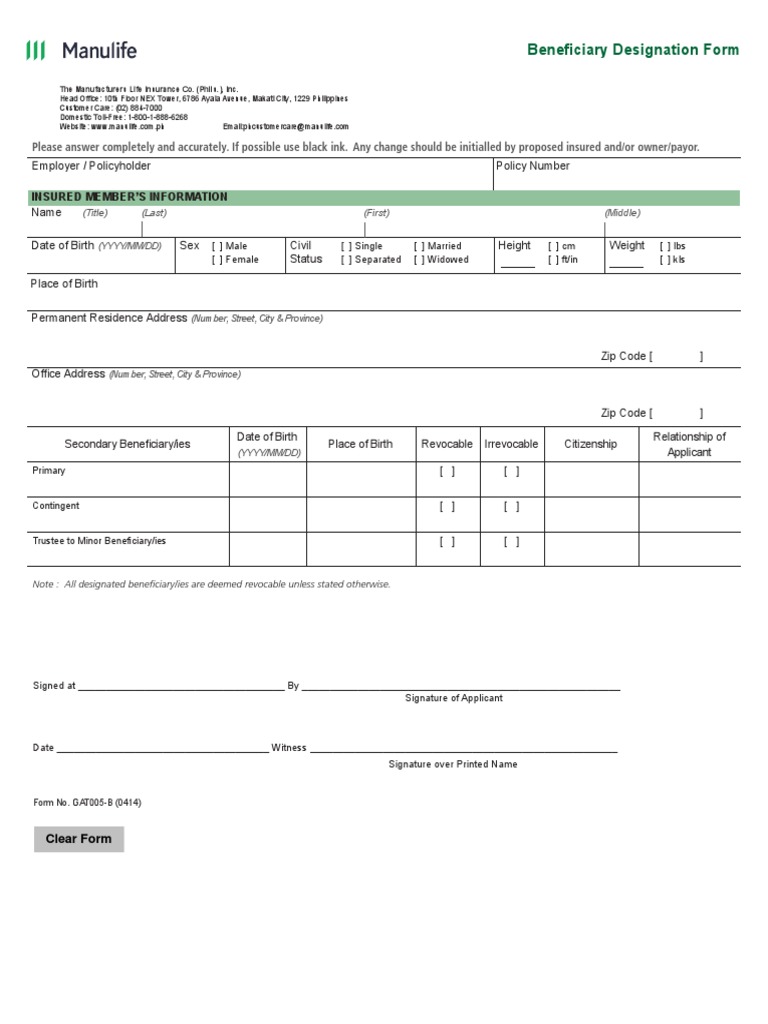 Beneficiary Designation Form Sample