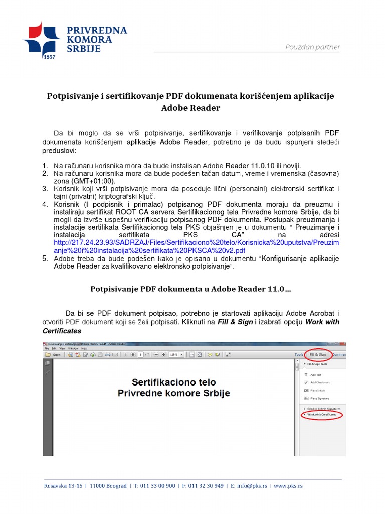Potpisivanje I Sertifikovanje PDF Dokumenata Korišćenjem Aplikacije Adobe Reader | PDF