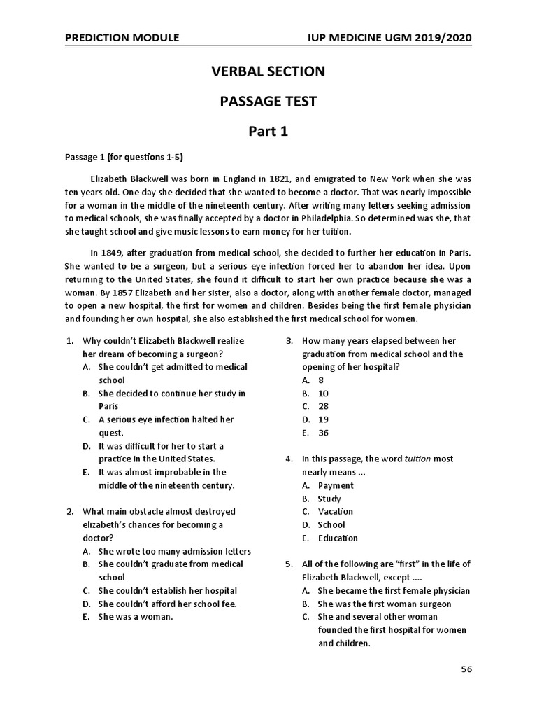 Verbal Section Passage Test: Prediction Module Iup Medicine Ugm 2019/ ...
