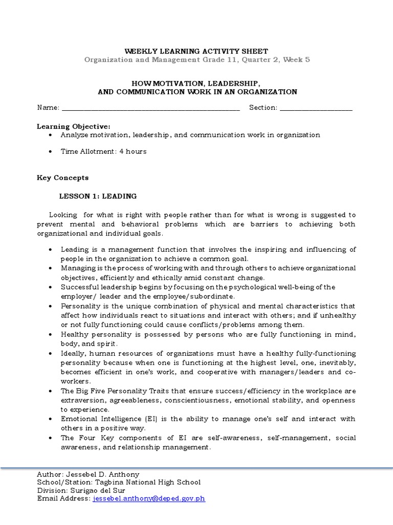 Org. & Mgt.-Grade 11-Quarter 2-Week 5 | PDF | Leadership | Motivation