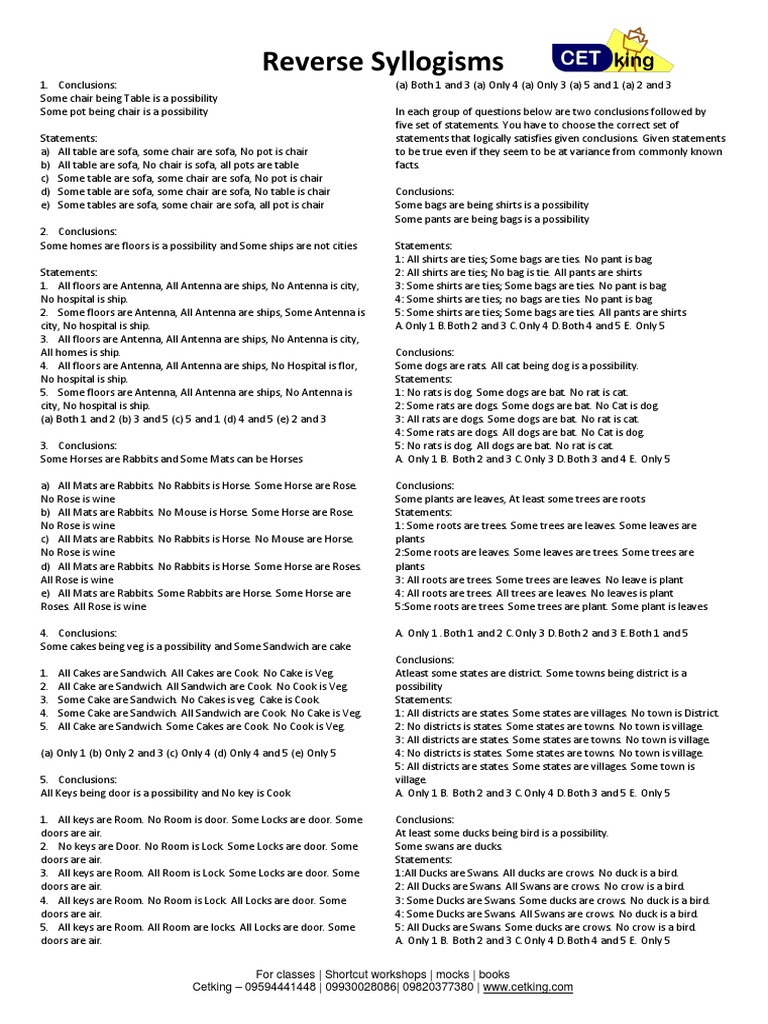 Reverse Syllogism 50 Questions | PDF | Nature