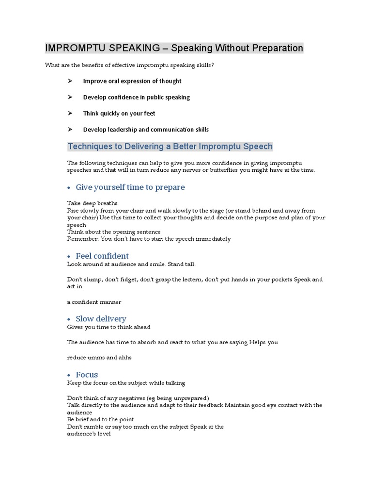 IMPROMPTU SPEAKING - Speaking Without Preparation: Techniques To ...