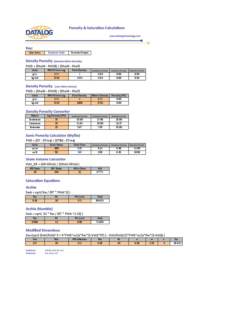 Datalog Porosity & Saturation Calculator v1 | PDF | Porosity ...