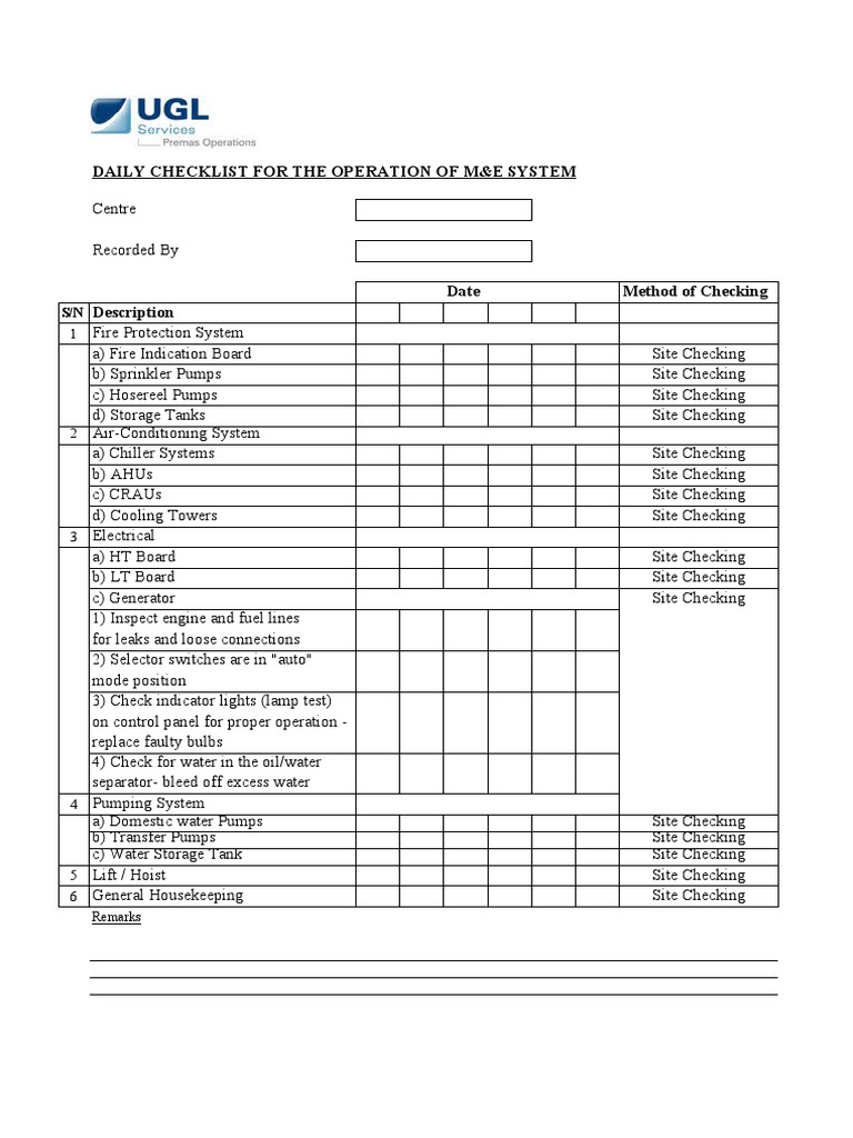 Daily Checklist M&e System | PDF | Elevator | Mechanical Engineering