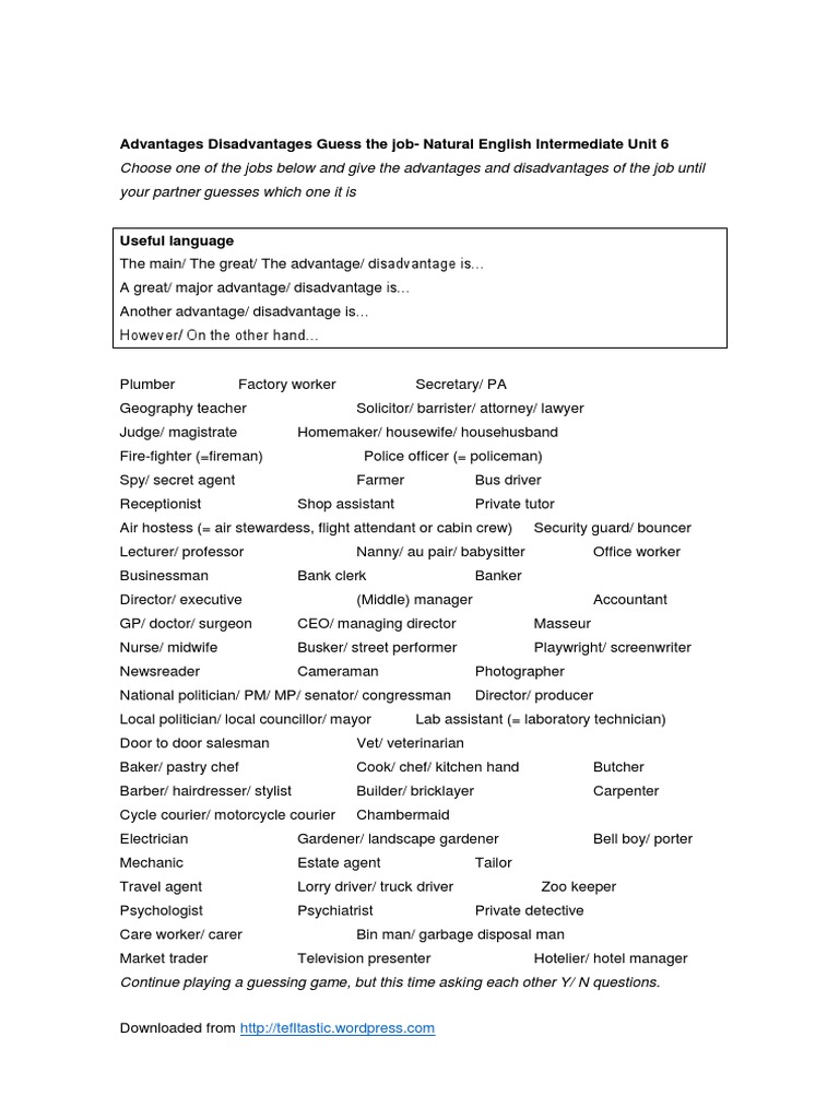 Advantages Disadvantages Guess The Job | PDF | Employment | Service ...