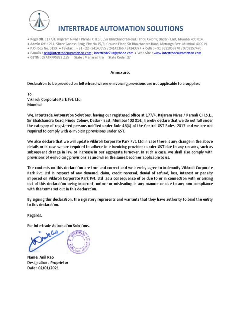 E - Invoice Declaration - Annexure | PDF
