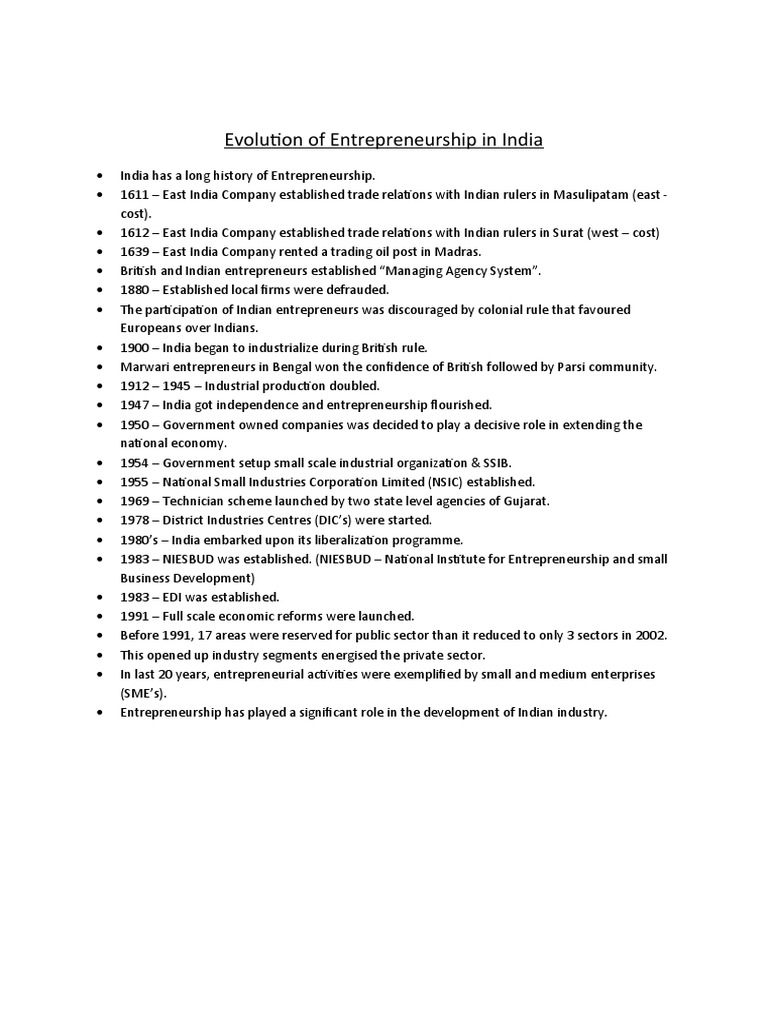 Evolution of Entrepreneurship in India | PDF
