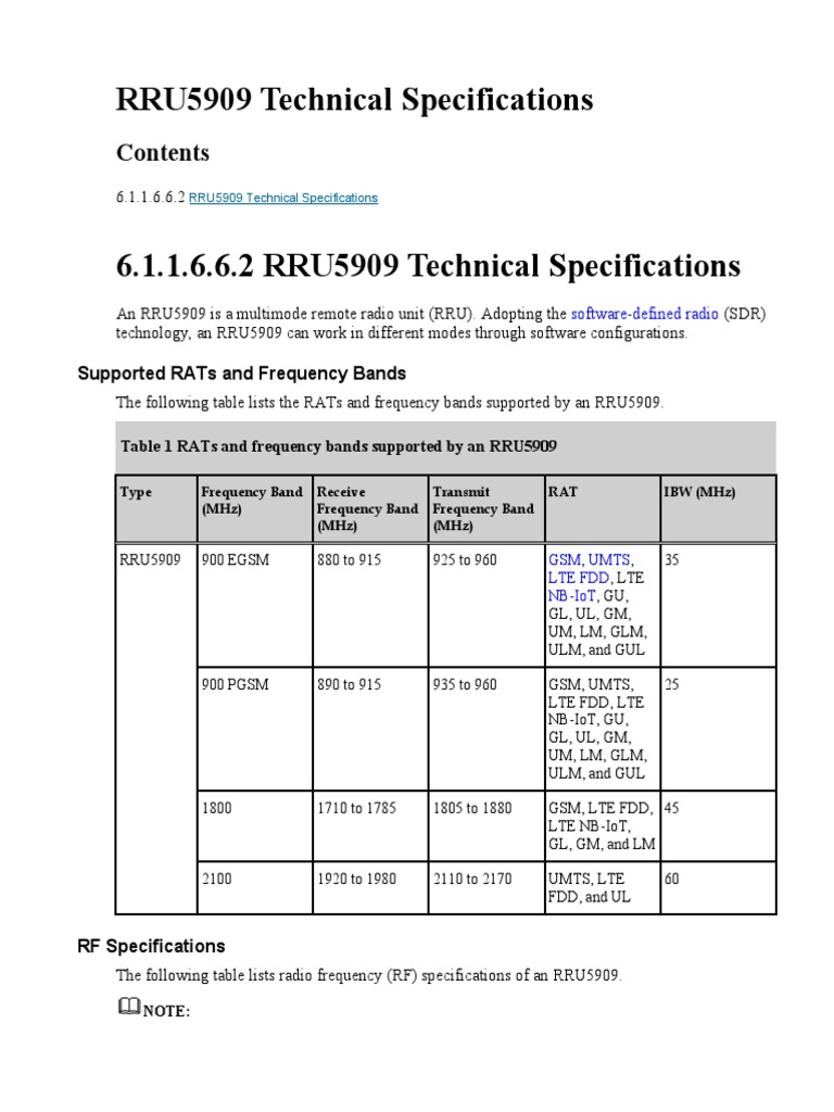 RRU5909 Technical Specifications | PDF | Lte (Telecommunication) | Gsm
