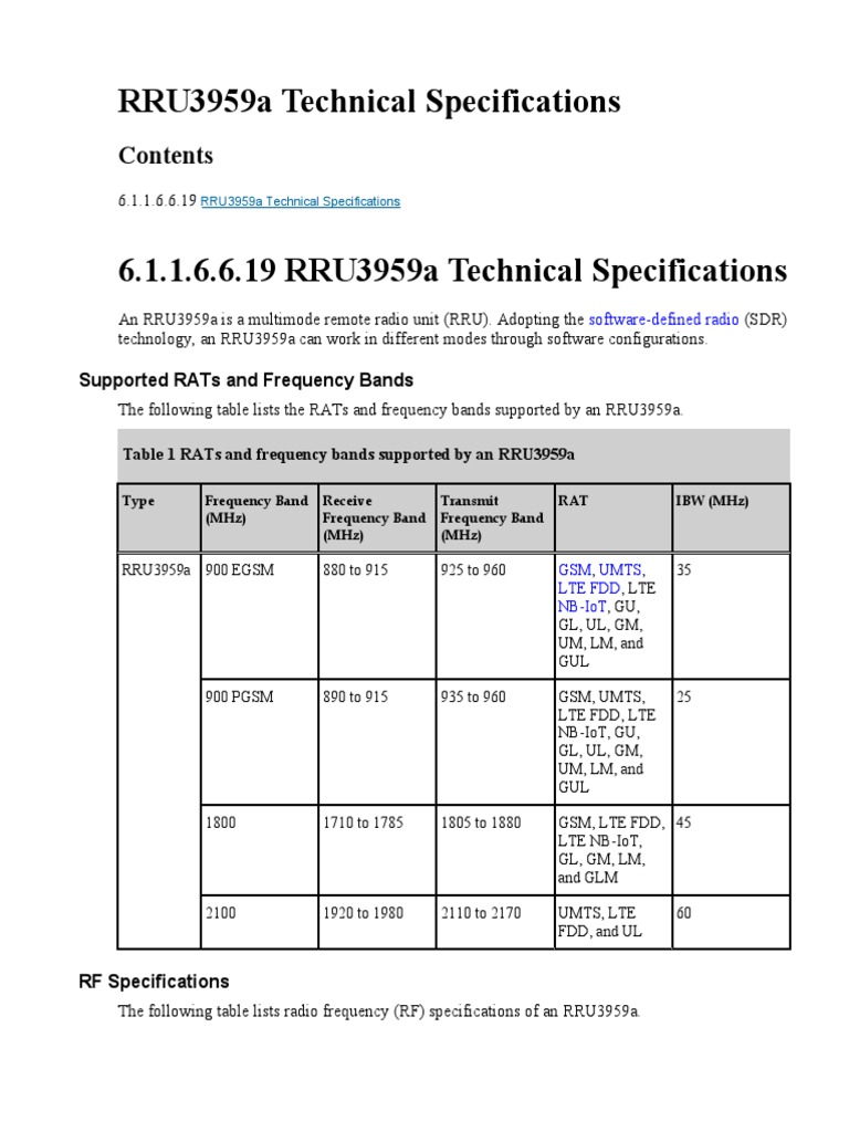 RRU3959a Technical Specifications | PDF | Lte (Telecommunication) | Gsm