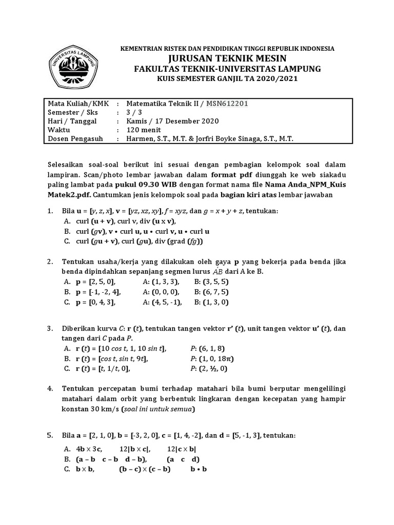 Soal Kuis Matematika Teknik II TM12 (2020) | PDF