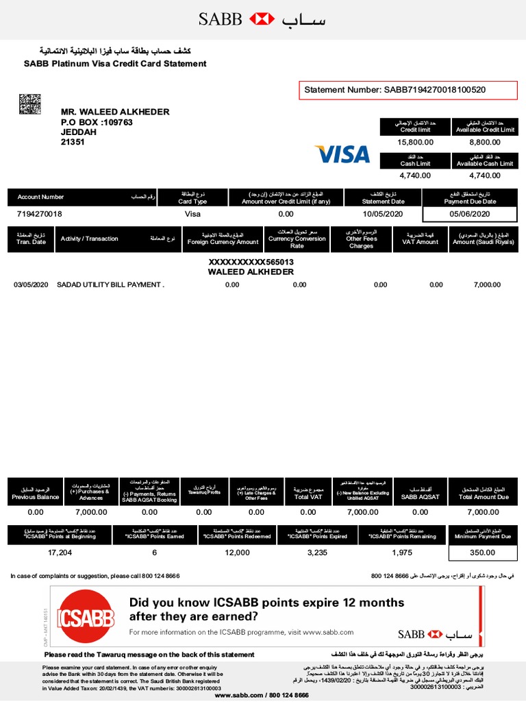 SABB Platinum Visa Credit Card Statement | PDF | Payments | Financial ...