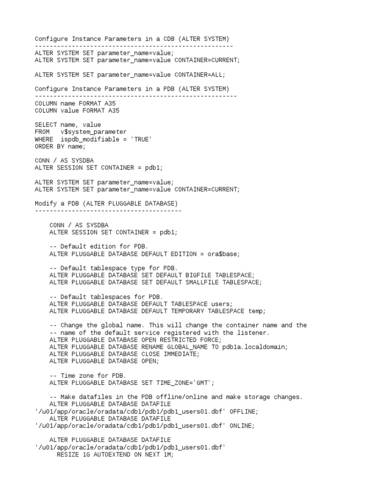 Configure Instance Parameters and Modify Container Databases (CDB) and Pluggable Databases (PDB ...