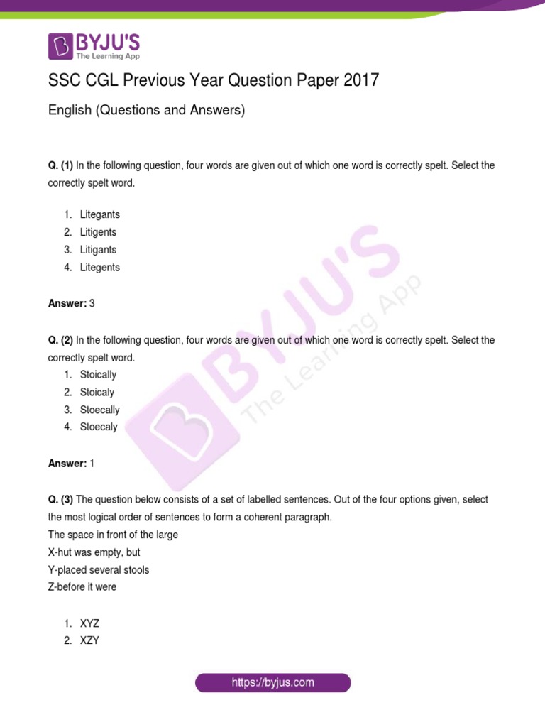 SSC CGL Previous Year Question Paper 2017: English (Questions and ...