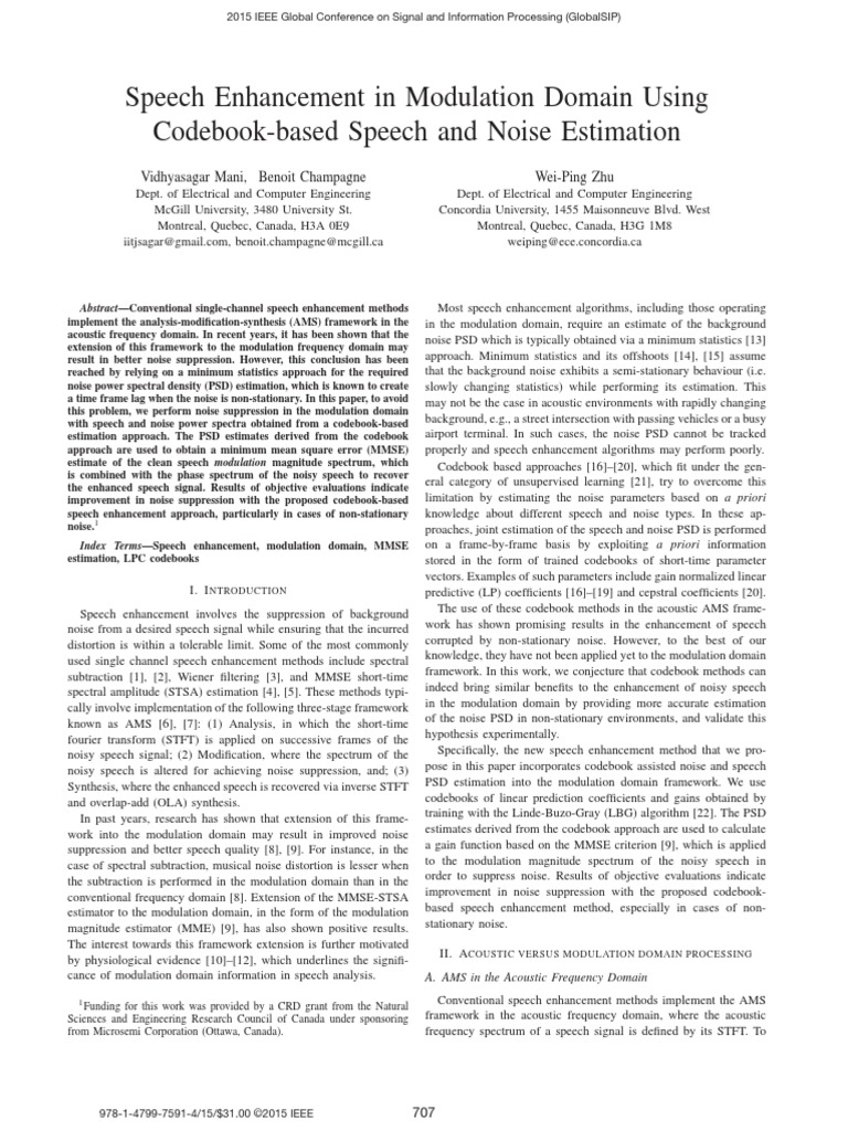 Speech Enhancement in Modulation Domain Using Codebook-Based Speech and Noise Estimation | PDF ...