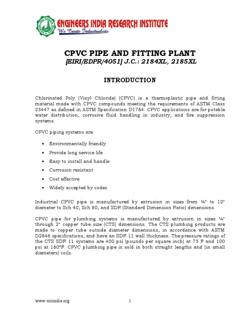 Project Report On CPVC Pipe and Fitting Plant | PDF | Polyvinyl ...