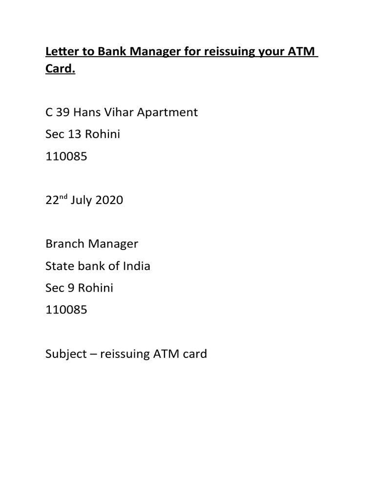 Letter To Bank Manager For Reissuing Your ATM Card | PDF