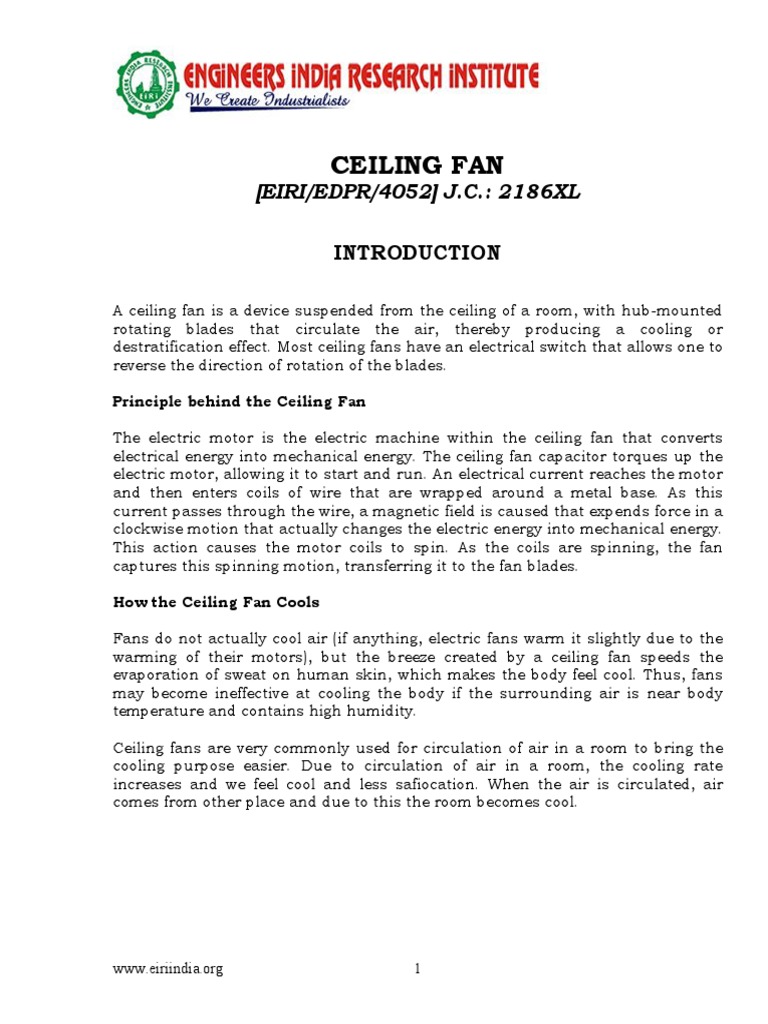 Project Report On Ceiling Fan | PDF | Ventilation (Architecture) | Air ...