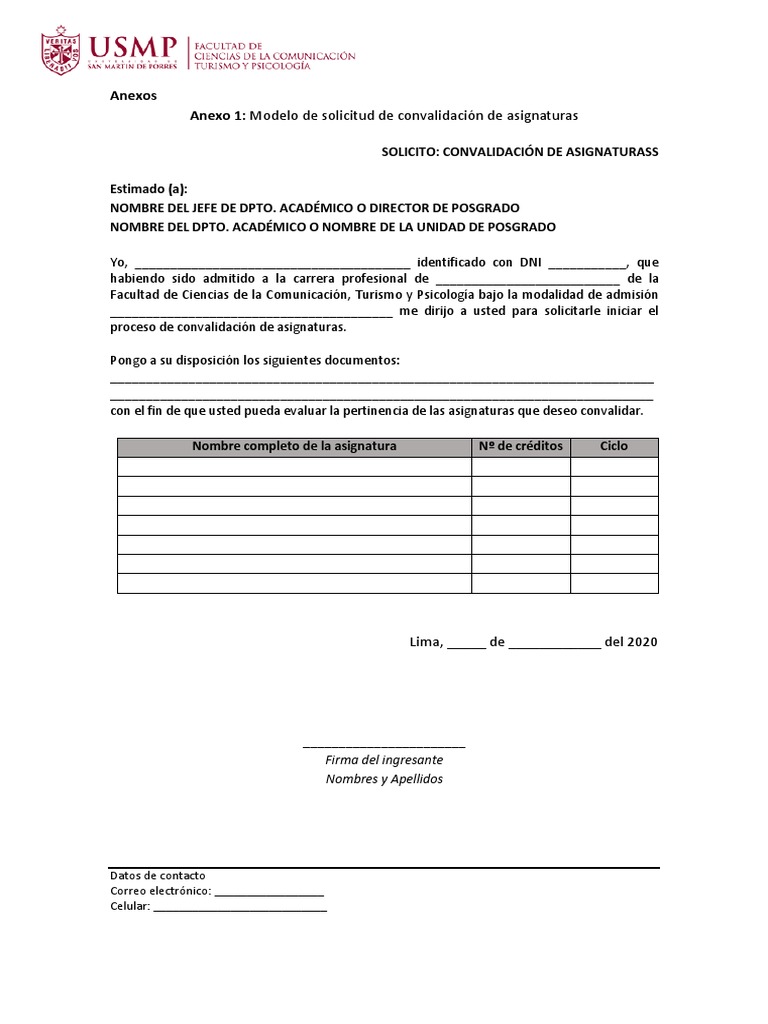 Anexo 1 Modelo de Solicitud de Convalidación de Asignaturas 2 | PDF